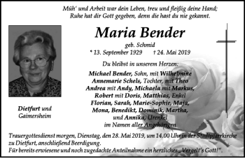 Traueranzeigen von Maria Bender | Mittelbayerische Trauer
