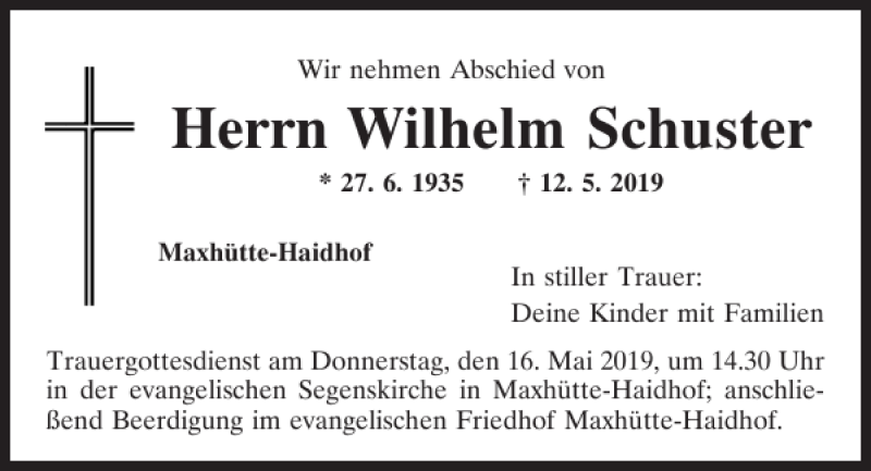 Traueranzeigen von Wilhelm Schuster | Mittelbayerische Trauer