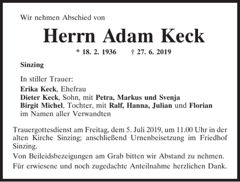 Traueranzeigen von Adam Keck | Mittelbayerische Trauer