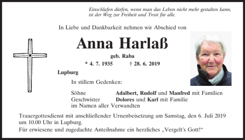 Traueranzeigen von Anna Harlaß | Mittelbayerische Trauer