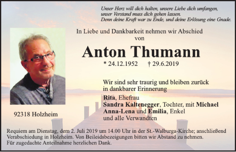Traueranzeigen von Anton Thumann | Mittelbayerische Trauer