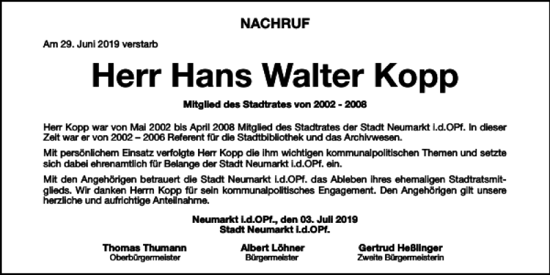 Traueranzeigen von Hans Walter Kopp | Mittelbayerische Trauer