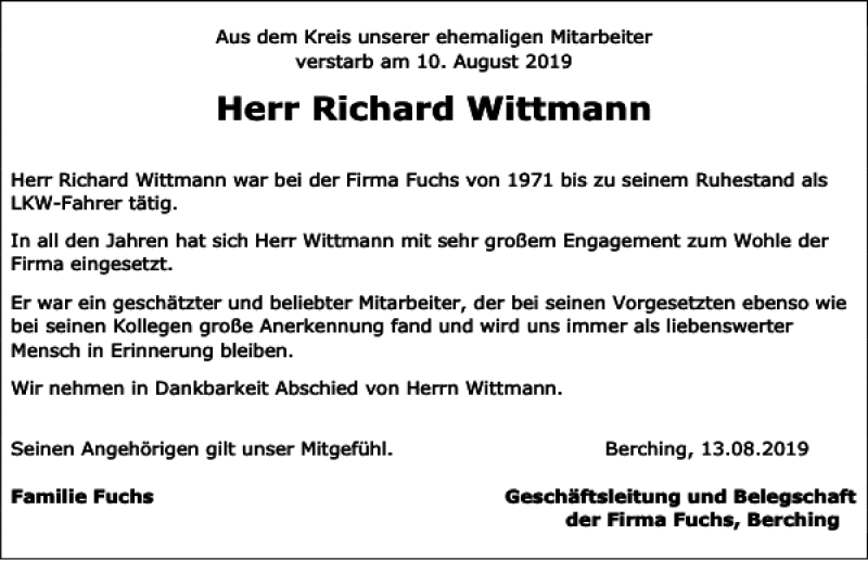 Traueranzeigen von Richard Wittmann | Mittelbayerische Trauer