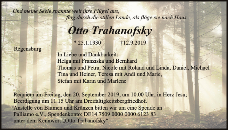 Traueranzeigen von Otto Trahanofsky | Mittelbayerische Trauer