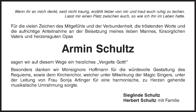 Traueranzeigen von Armin Schultz | Mittelbayerische Trauer