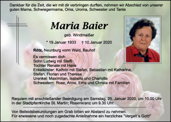 Traueranzeigen von Maria Baier | Mittelbayerische Trauer