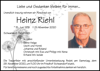 Traueranzeigen von Heinz Riehl | Mittelbayerische Trauer
