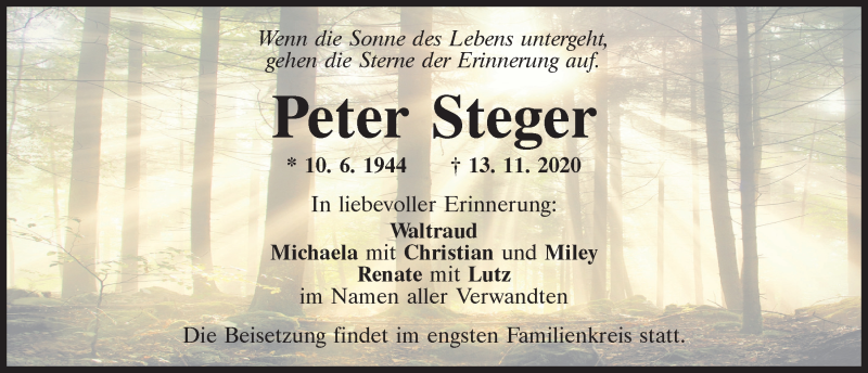 Traueranzeigen von Peter Steger | Mittelbayerische Trauer