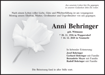Traueranzeigen von Anni Behringer | Mittelbayerische Trauer