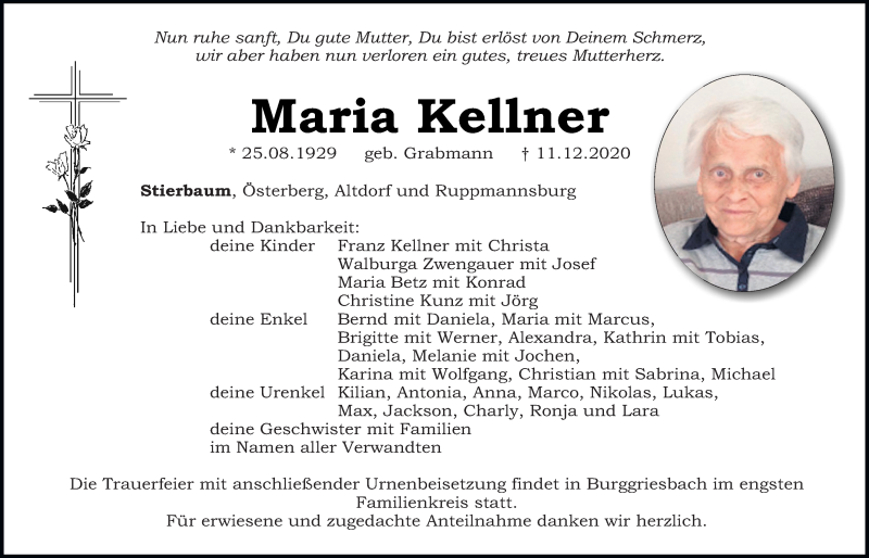 Traueranzeigen von Maria Kellner | Mittelbayerische Trauer