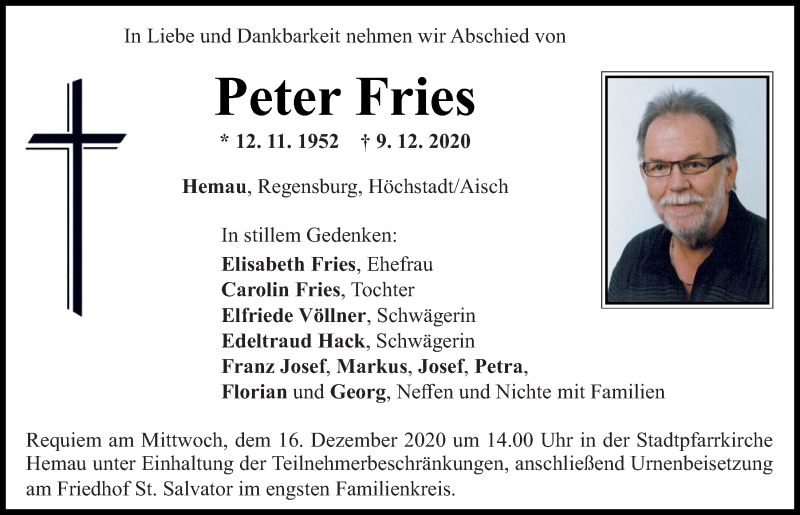 Traueranzeigen von Peter Fries | Mittelbayerische Trauer