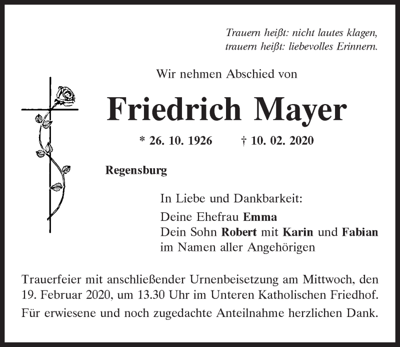 Traueranzeigen von Friedrich Mayer | Mittelbayerische Trauer