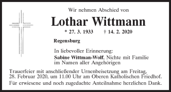 Traueranzeigen von Lothar Wittmann | Mittelbayerische Trauer