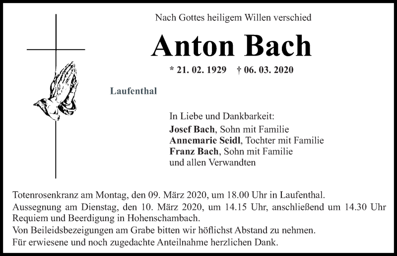 Traueranzeigen von Anton Bach | Mittelbayerische Trauer