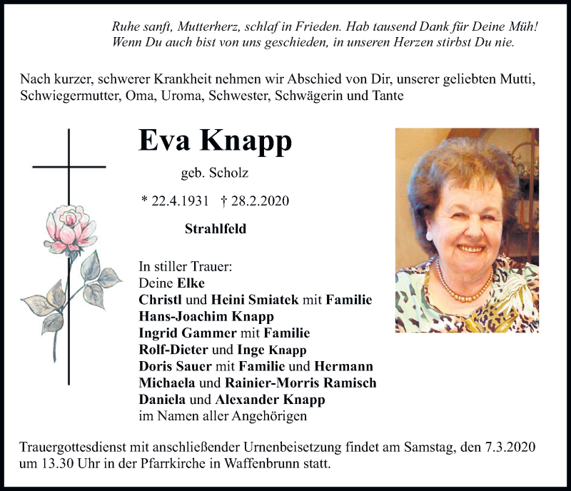 Traueranzeigen von Eva Knapp | Mittelbayerische Trauer