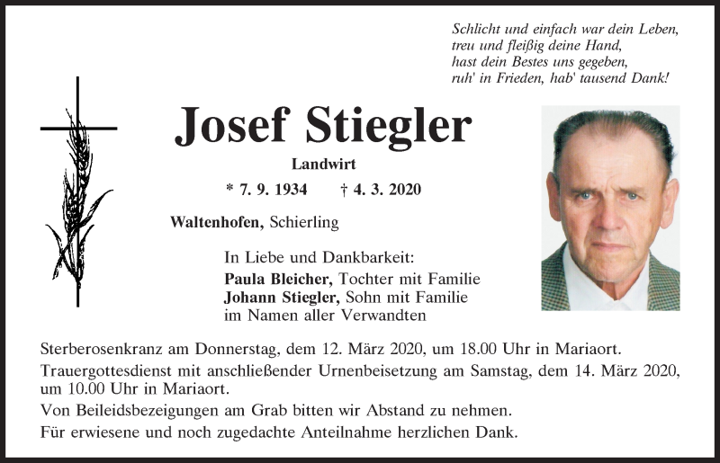 Traueranzeigen von Josef Stiegler | Mittelbayerische Trauer