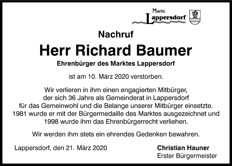 Traueranzeigen von Richard Baumer | Mittelbayerische Trauer