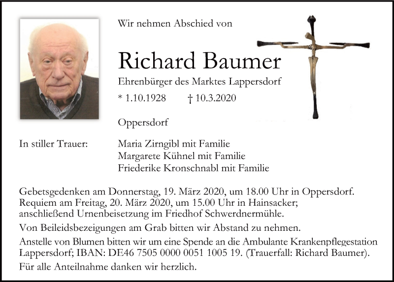 Traueranzeigen von Richard Baumer | Mittelbayerische Trauer
