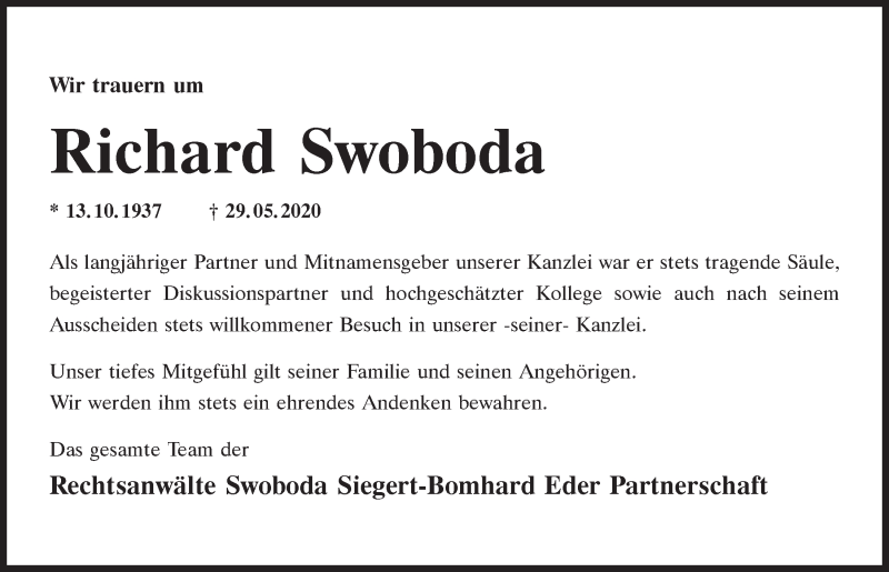 Traueranzeigen von Richard Swoboda | Mittelbayerische Trauer