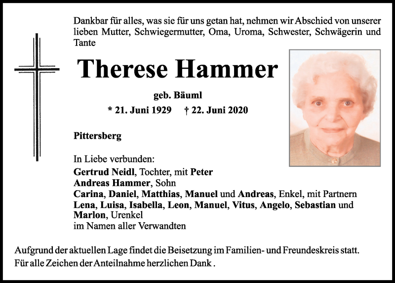 Traueranzeigen von Therese Hammer | Mittelbayerische Trauer