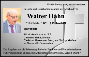 Traueranzeigen von Walter Hahn | Mittelbayerische Trauer