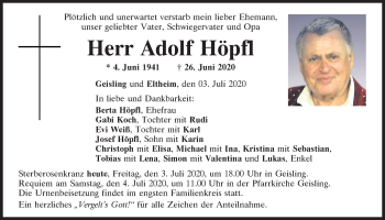 Traueranzeigen von Adolf Höpfl | Mittelbayerische Trauer