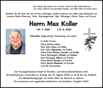 Traueranzeigen von Max Koller | Mittelbayerische Trauer