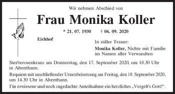 Traueranzeigen von Monika Koller | Mittelbayerische Trauer