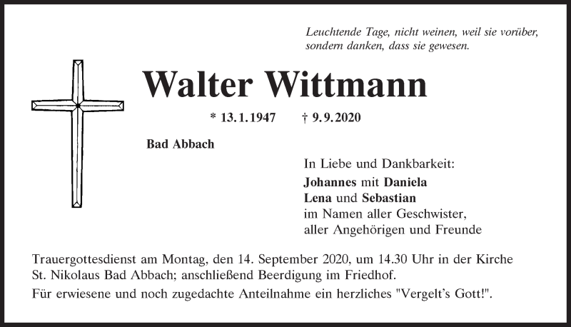 Traueranzeigen von Walter Wittmann | Mittelbayerische Trauer