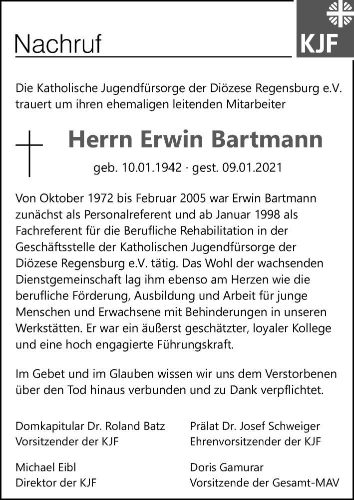Traueranzeigen von Erwin Bartmann | Mittelbayerische Trauer
