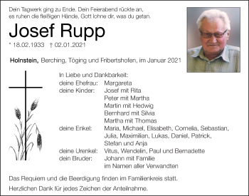 Traueranzeigen von Josef Rupp | Mittelbayerische Trauer