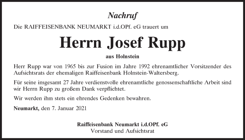 Traueranzeigen von Josef Rupp | Mittelbayerische Trauer