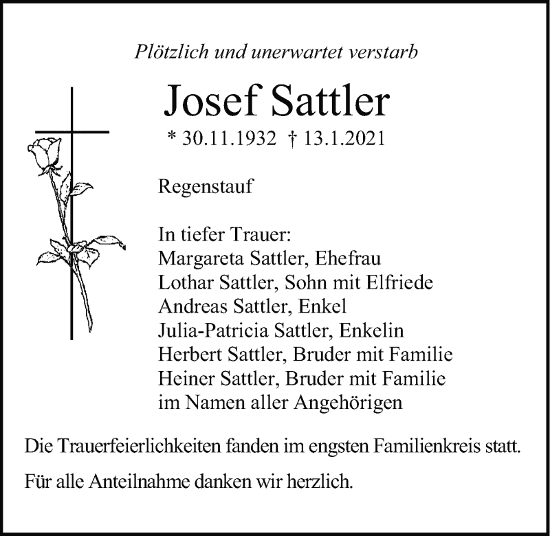 Traueranzeigen von Josef Sattler | Mittelbayerische Trauer