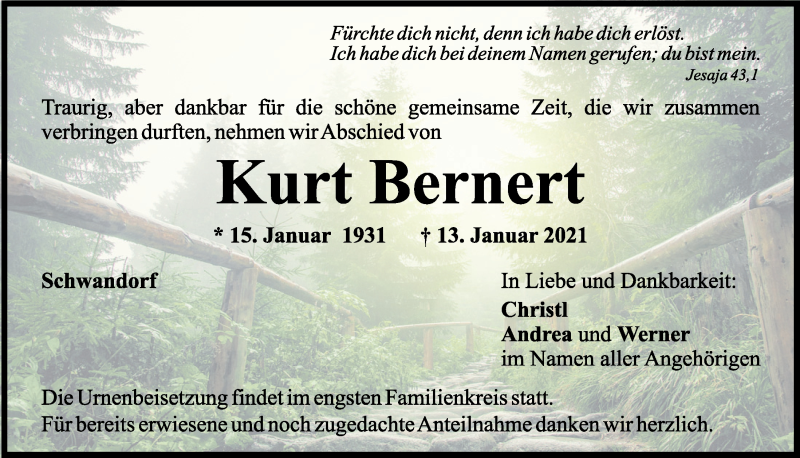 Traueranzeigen von Kurt Bernert | Mittelbayerische Trauer