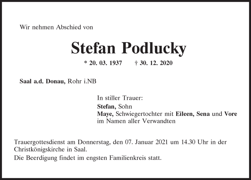 Traueranzeigen von Stefan Podlucky | Mittelbayerische Trauer
