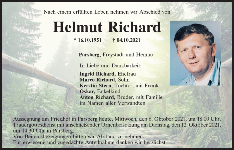 Traueranzeigen von Helmut Richard | Mittelbayerische Trauer