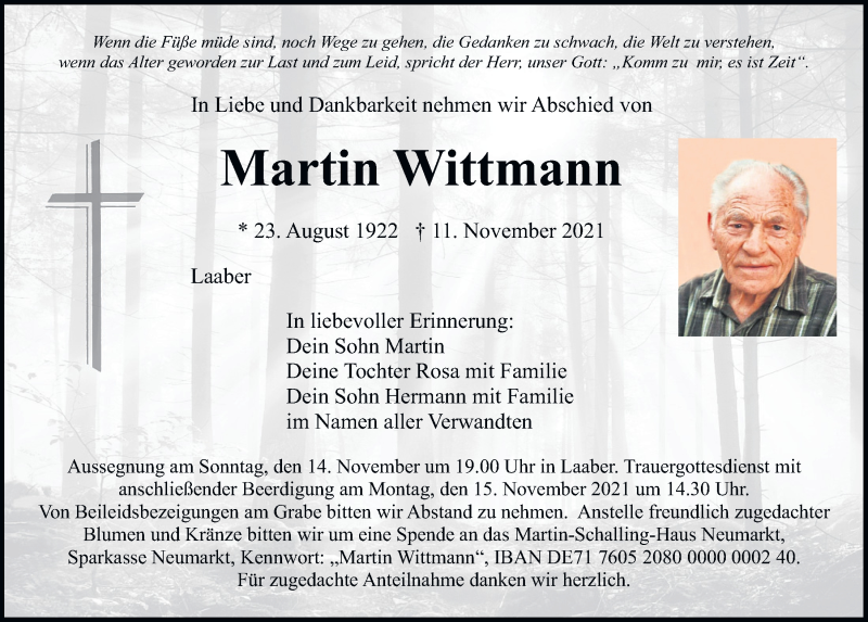 Traueranzeigen von Martin Wittmann | Mittelbayerische Trauer