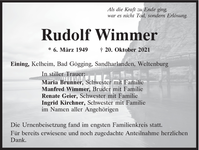 Traueranzeigen von Rudolf Wimmer | Mittelbayerische Trauer