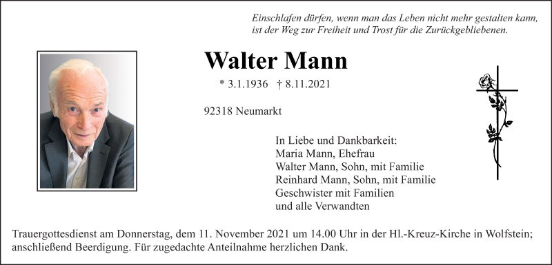 Traueranzeigen von Walter Mann | Mittelbayerische Trauer