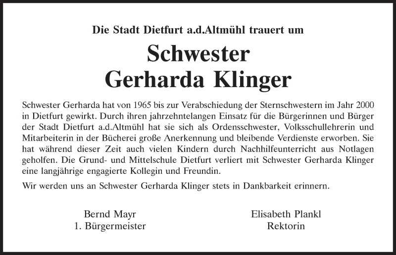Traueranzeigen von Gerharda Klinger | Mittelbayerische Trauer