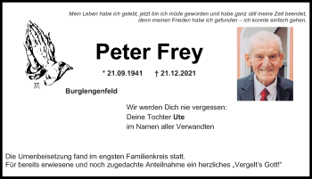 Traueranzeigen von Peter Frey | Mittelbayerische Trauer