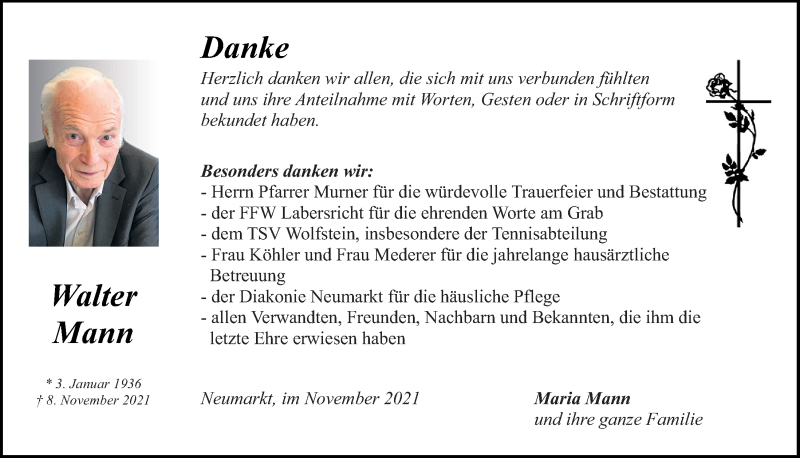 Traueranzeigen von Walter Mann | Mittelbayerische Trauer