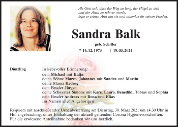 Traueranzeigen von Sandra Balk | Mittelbayerische Trauer