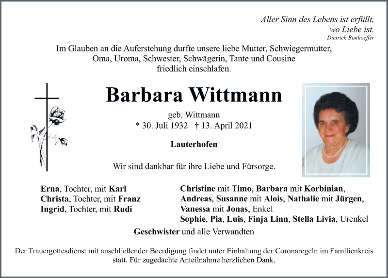 Traueranzeigen von Barbara Wittmann | Mittelbayerische Trauer