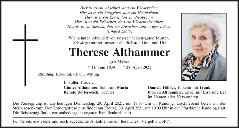 Traueranzeigen von Therese Althammer | Mittelbayerische Trauer