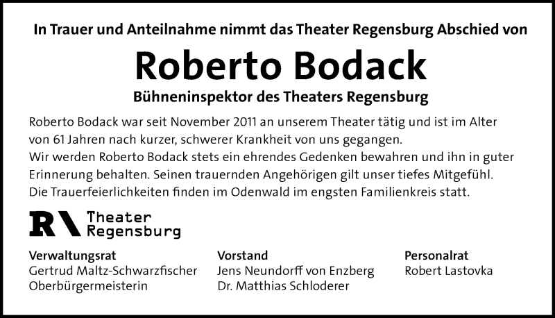 Traueranzeigen von Roberto Bodack | Mittelbayerische Trauer