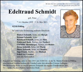 Traueranzeigen von Edeltraud Schmidt | Mittelbayerische Trauer