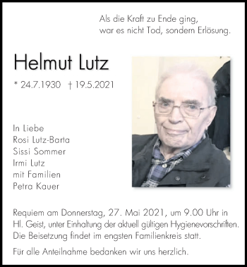 Traueranzeigen von Helmut Lutz | Mittelbayerische Trauer