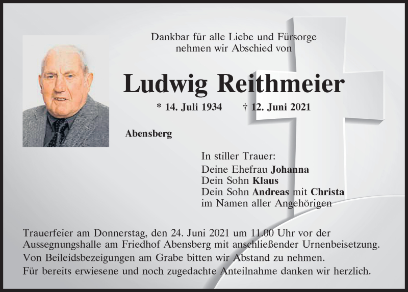 Traueranzeigen von Ludwig Reithmeier | Mittelbayerische Trauer