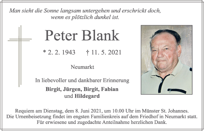 Traueranzeigen von Peter Blank | Mittelbayerische Trauer